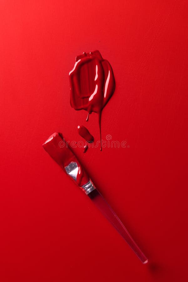 Elevated View of Painting Brush and Red Ink Stock Photo - Image of ...