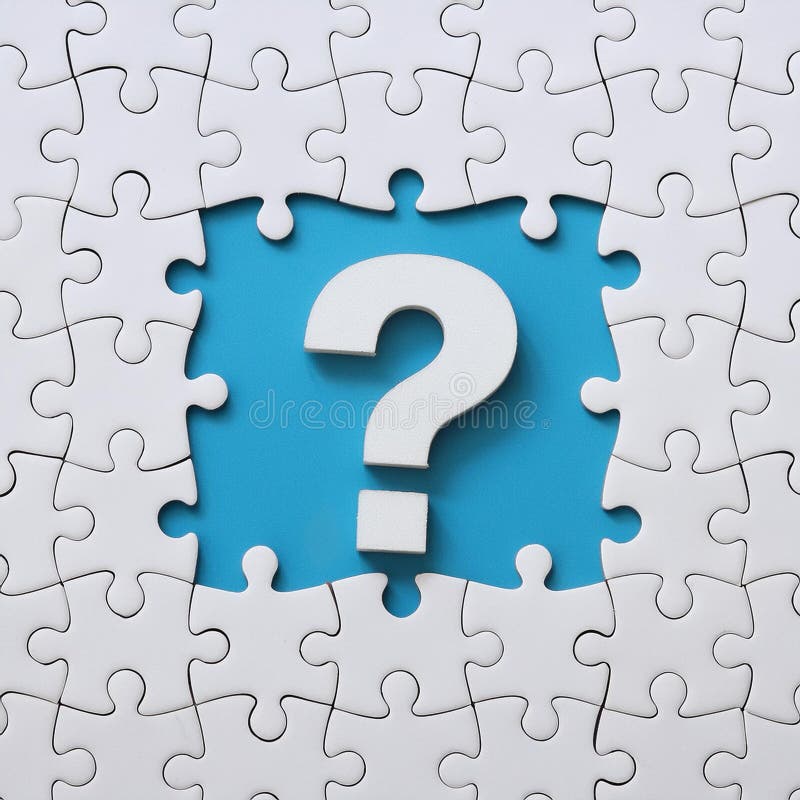 Elevated View of Question Mark Icon on White Puzzle Over the Blue ...