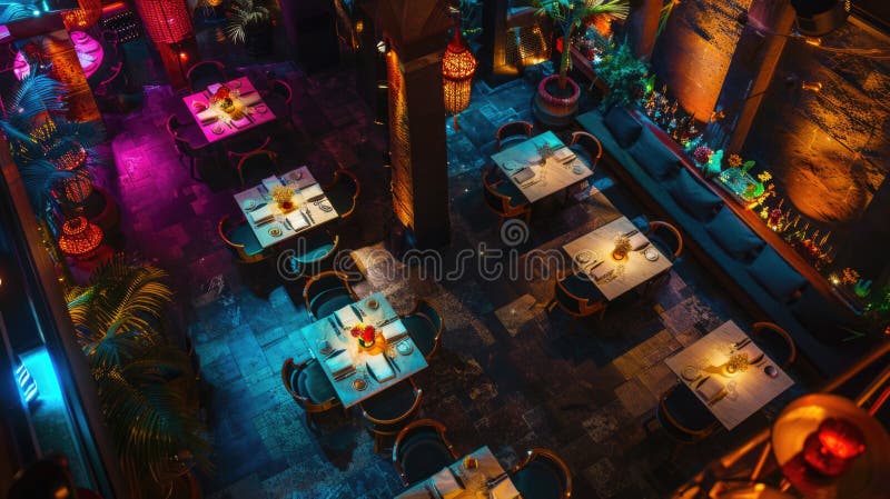 Elevated View of a Vibrant Restaurant Interior at Night Stock ...
