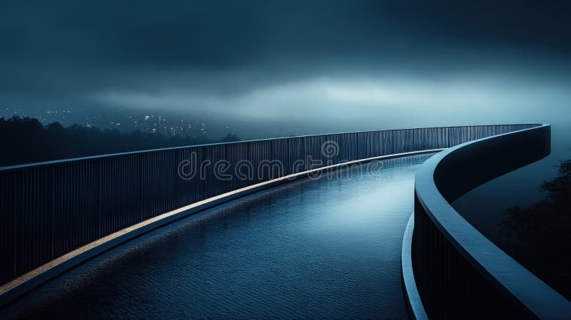 Elevated Walkway Over a Water Feature at Night Stock Illustration ...
