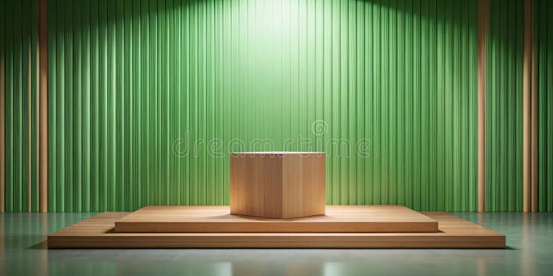 Elevated Wooden Cube Display on a Platform Against a Verdant Fluted ...