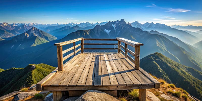 Elevated Wooden Platform Overlooking Majestic Mountain Range at Sunrise ...