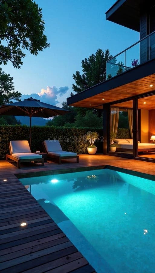 Elevated Wooden Pool Deck, Integrated Lighting, Cool, Reflection Stock ...