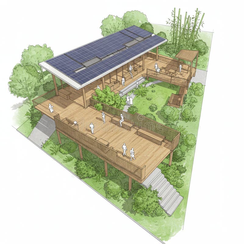Elevated Wooden Structure in a Green Landscape Featuring Solar Panels ...
