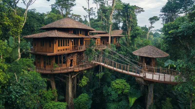 Elevated Wooden Treehouses Connected by a Winding Bridge in a Lush ...
