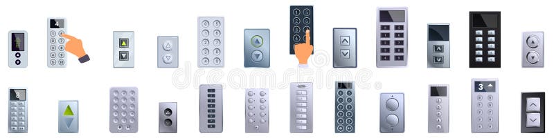 Elevator Control Panel Icons Set. Person Pressing Button of Elevator ...