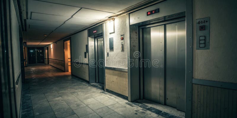 Elevator Corridor in an Empty Building at Night Showing Metal Doors and ...