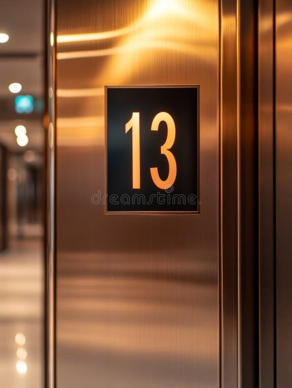 Elevator Door with Illuminated Number 13 Sign. Stock Image - Image of ...
