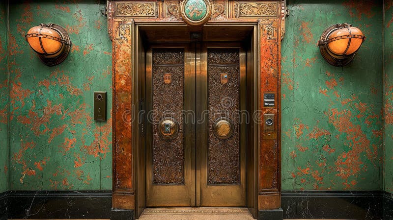 Elevator Doors Made of Vintage Bronze Framed by a Textured, Aged Wall Stock Photo - Image of ...