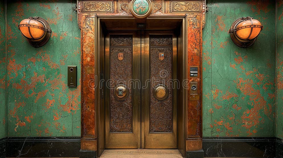 Elevator Doors Made of Vintage Bronze Framed by a Textured, Aged Wall ...