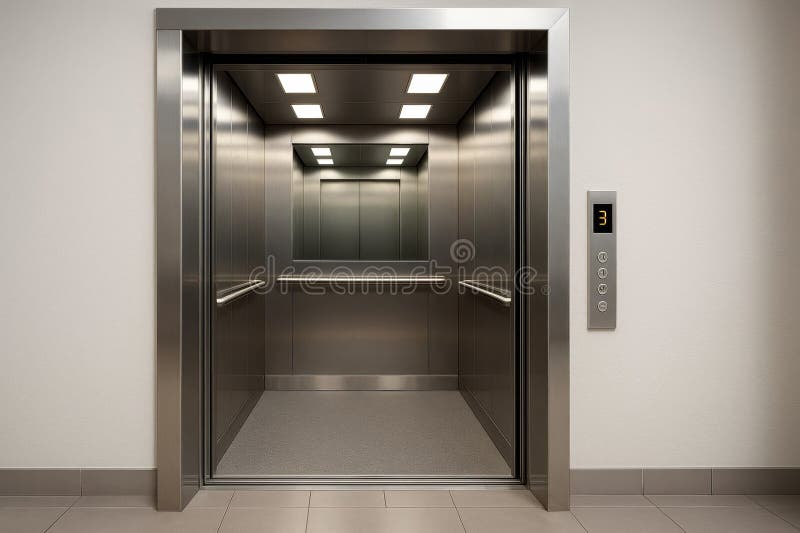 Elevator Doors Opening, Showing Sleek Metal Interior with Handrails ...
