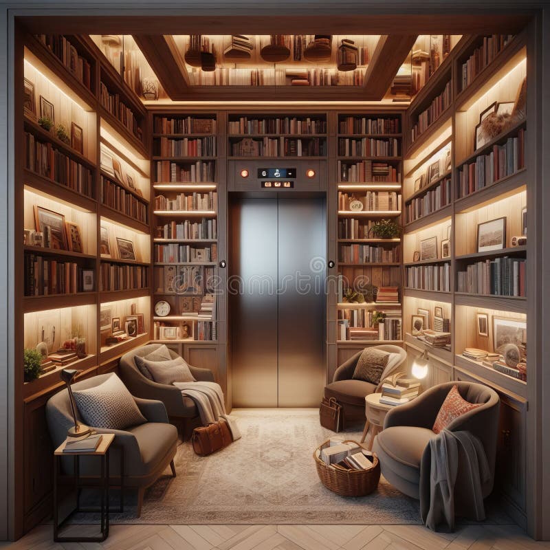 11 7. an Elevator Interior Transformed into a Cozy Library, Wit Stock Photo - Image of interior ...
