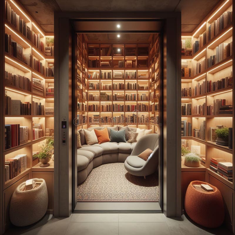 An Elevator Interior Transformed into a Cozy Library, Wit Stock Photo ...