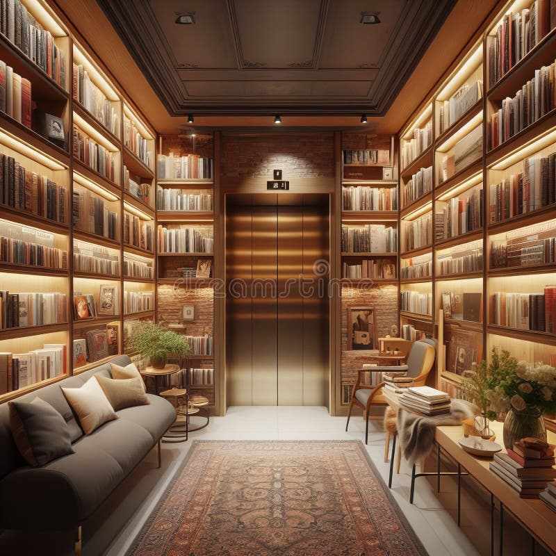 13 7. an Elevator Interior Transformed into a Cozy Library, Wit Stock ...