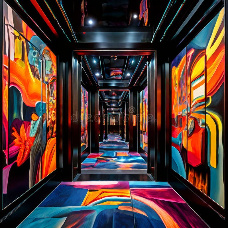 An Elevator Interior Transformed into a Vibrant Art Gallery Sh Stock ...