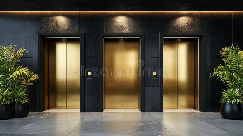 An Elevator in a Luxurious Lobby is Decorated with Black and Gold Stock ...