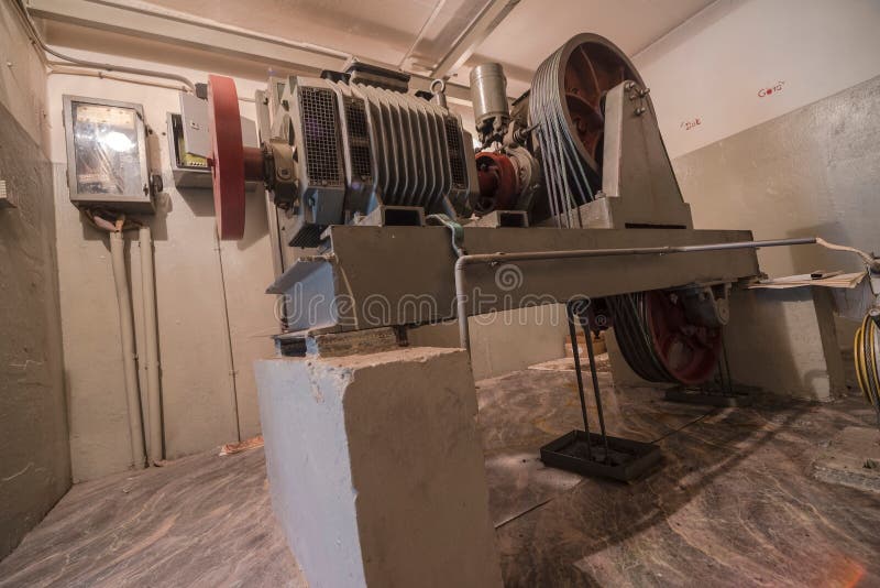 Elevator Machine Room in an Old Abandoned Municipal Building, with the ...