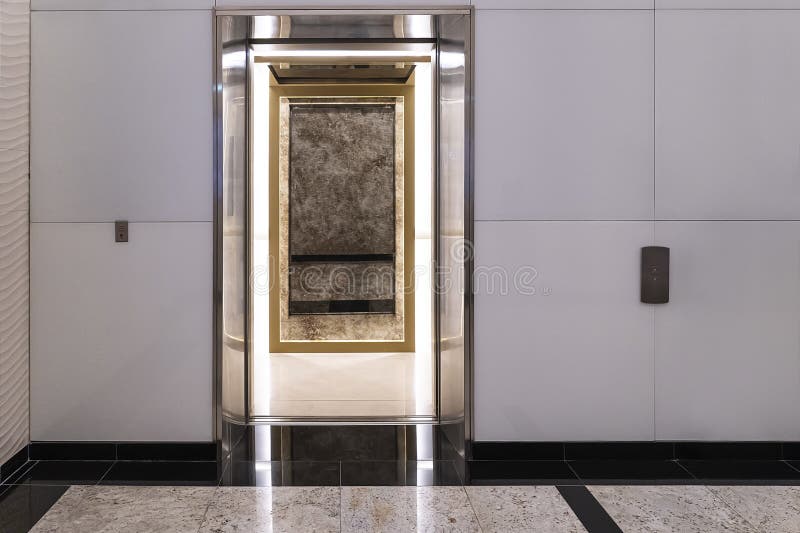 Elevator with Open Door, Buttons on the Wall Stock Photo - Image of ...