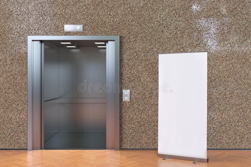 Elevator with Open Doors and Blank Roll Up Banner Stock Illustration ...