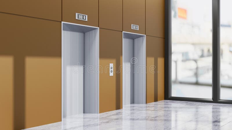 2 Elevators in Modern Building Near the Glass Wall Window Stock ...