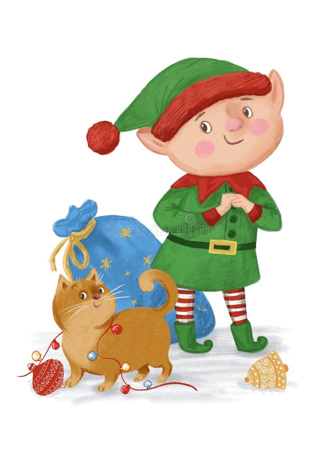 Cute Elf with Cat and Bag of Gifts Stock Illustration - Illustration of ...