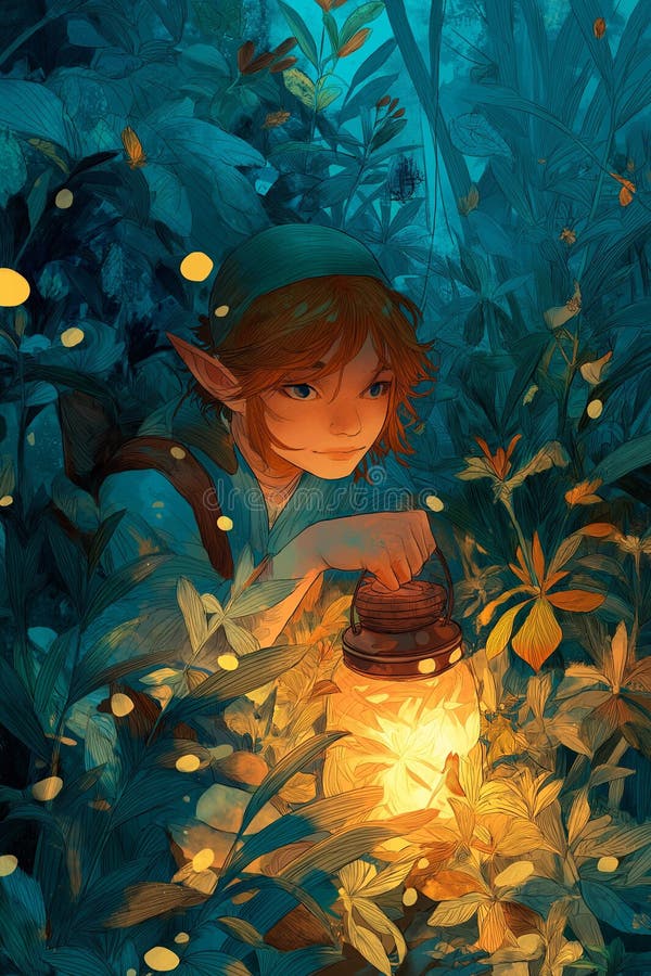 Elf on Adventure: Forest Explorer with Lantern Stock Illustration - Illustration of foliage ...