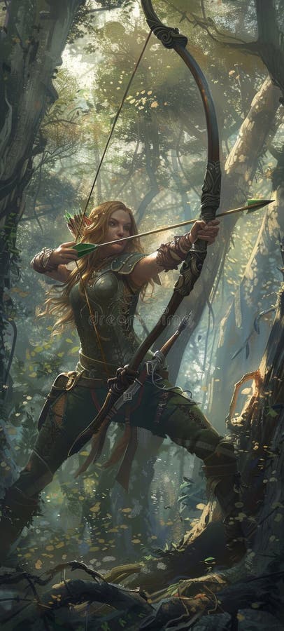 An Elf Archer in a Forest Her Bow Drawn Eyes Fixed on a Distant Target ...