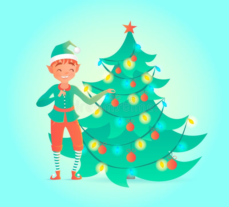 Elf Decorates Christmas Tree. Cute Character Stock Vector ...