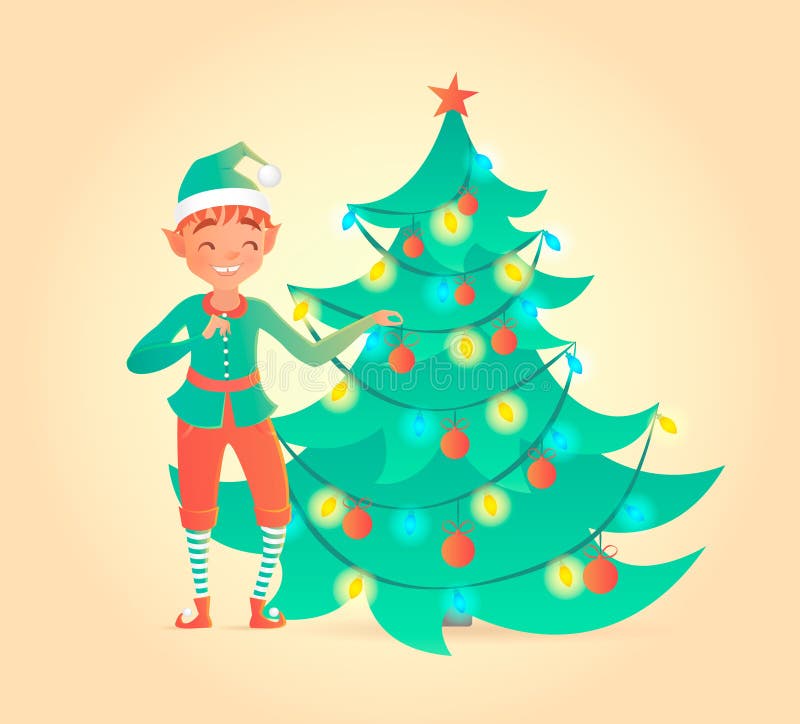 Elf Decorates Christmas Tree. Cute Character Stock Vector ...