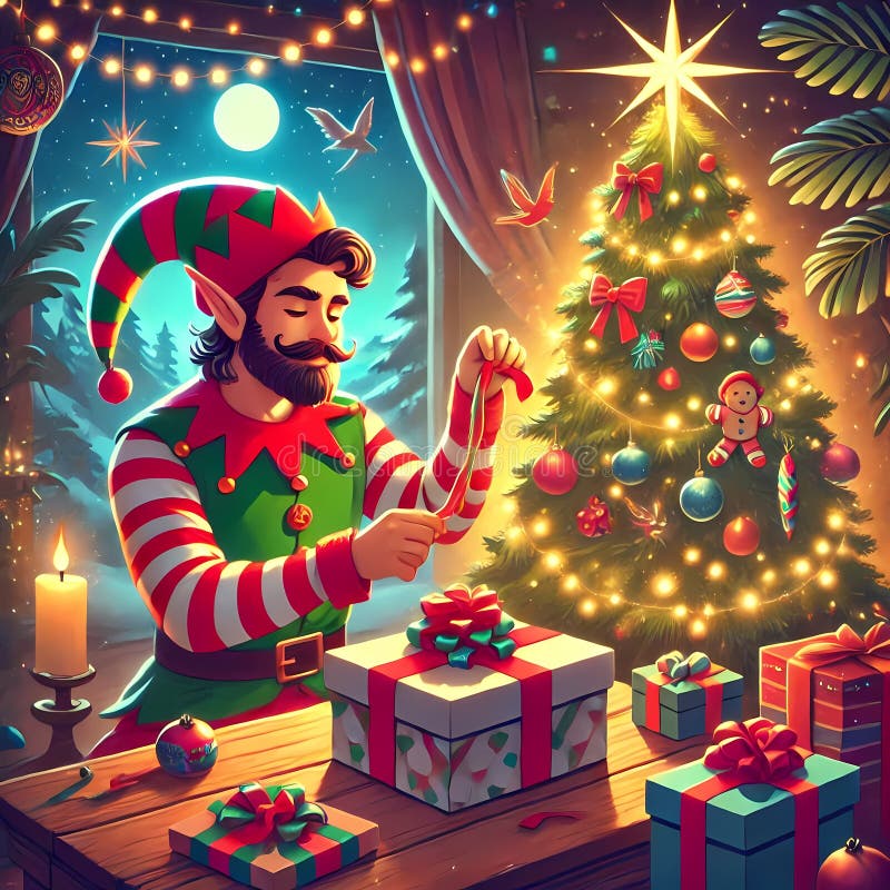 An Elf Placing Bows on Presents by a Glowing Christmas Tree. Stock ...