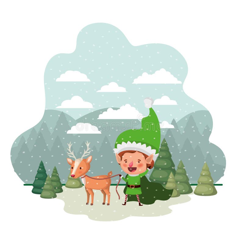 Elf with Reindeer and Christmas Trees with Falling Snow Stock Vector ...