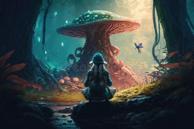 Elf Sitting on Mushroom in Forest, Surrounded by Beautiful Scenery ...