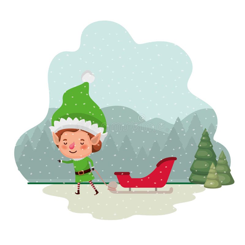 Elf with Sleigh and Christmas Trees with Falling Snow Stock Vector ...