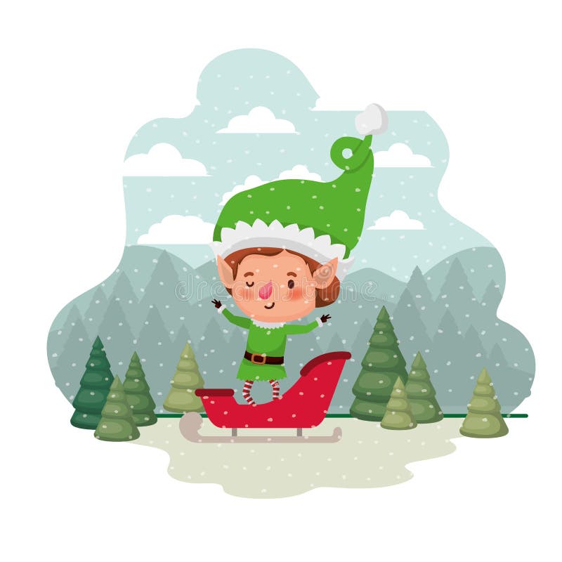 Elf with Sleigh and Christmas Trees with Falling Snow Stock Vector ...