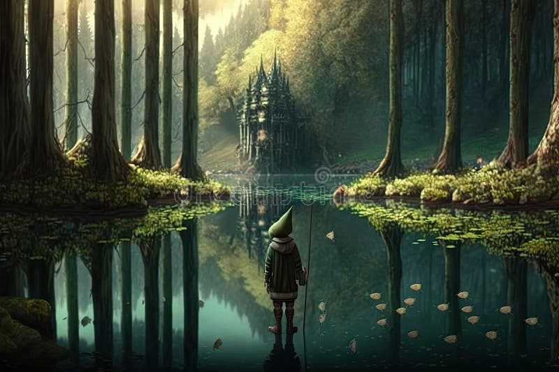Elf Standing on the Edge of a Tranquil Forest Lake, with Fish Swimming ...