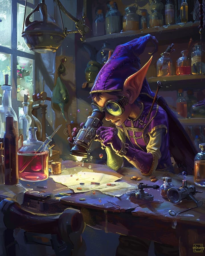 An Elf Using a Microscope Studying a Potion with Healing Properties in ...