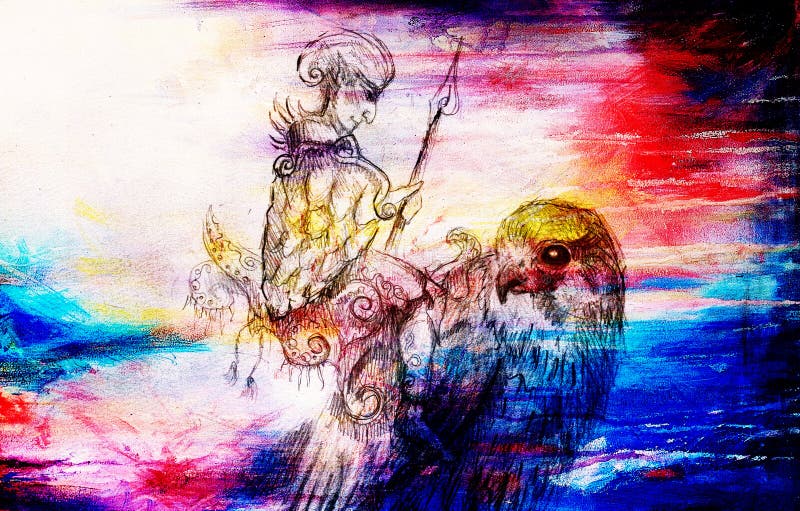 Elf Warrior on Hawk. Pencil Drawing on Old Paper. Color Effect. Stock ...