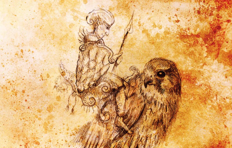 Elf Warrior on Hawk. Pencil Drawing on Old Paper. Color Effect. Stock ...