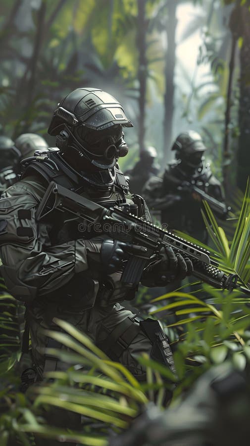 Elite Military Unit Cautiously Advancing through Verdant Wilderness ...