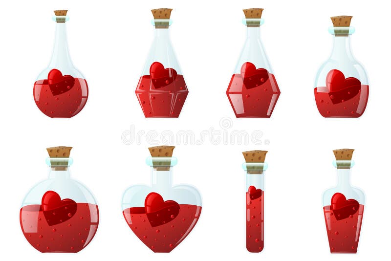 Elixir of Love. Set of Small Glass Bottles of Different Shapes, Inside ...