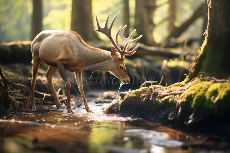 Elk beside a Forest Stream Drinking Water Stock Illustration ...