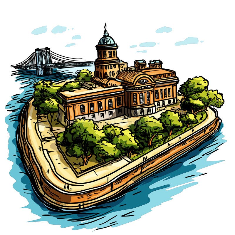 Ellis Island in New York. Vector Comic Hand-drawn Illustration of Ellis ...