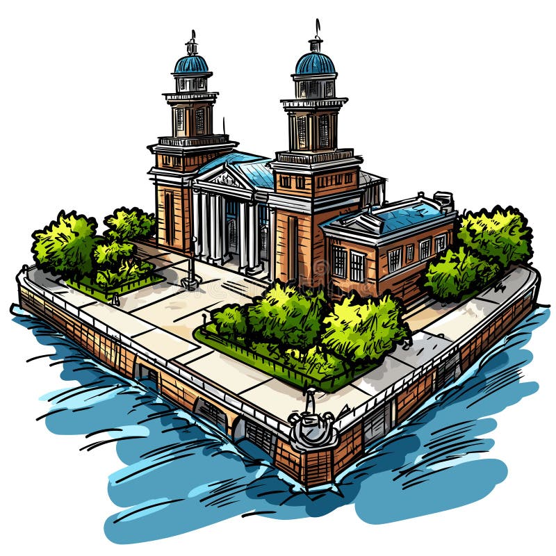 Ellis Island in New York. Vector Comic Hand-drawn Illustration of Ellis ...