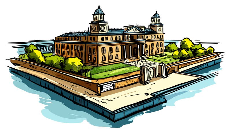 Ellis Island in New York. Vector Comic Hand-drawn Illustration of Ellis ...