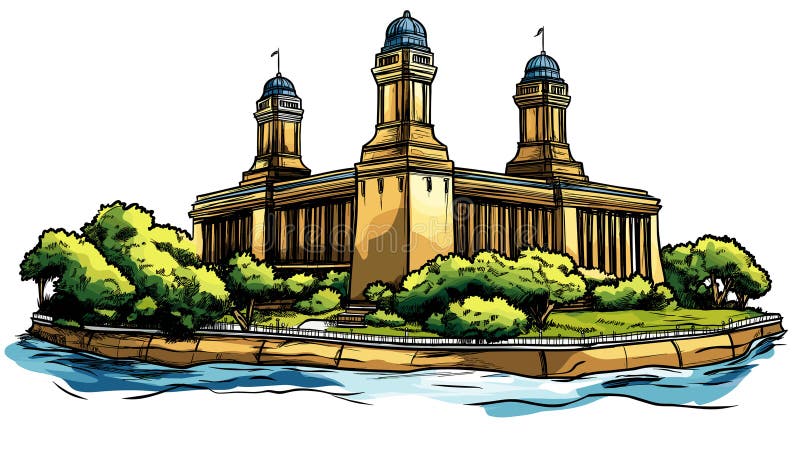 Ellis Island in New York. Vector Comic Hand-drawn Illustration of Ellis ...