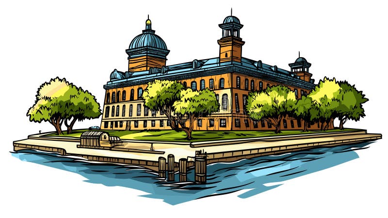 Ellis Island in New York. Vector Comic Hand-drawn Illustration of Ellis ...