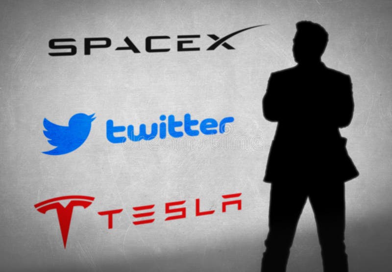 Elon Musk Silhouette with SpaceX, Twitter and Tesla Logo in Background ...