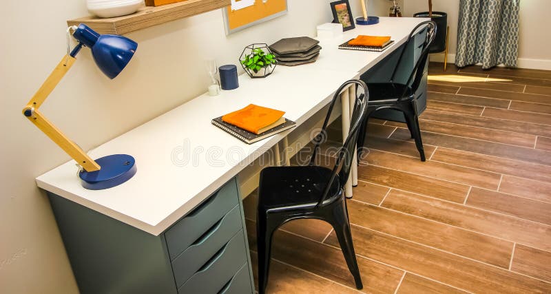 Long Home Office Desk with Two Chairs Stock Photo - Image of board ...