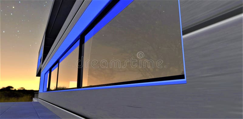 Elongated Panoramic Window Illuminated with Blue Light. Reflection of ...
