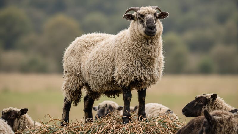 Eloquent Sheep Atop Haystack Inspiring Flock Below with Dramatic Wool ...